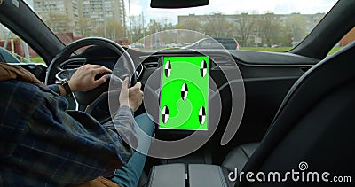Interior View Electric Vehicle, Green Screen of Control Panel in ...