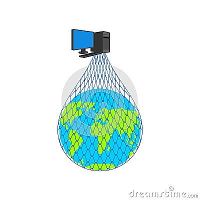 Internet Earth On Computer Network. Planet In Fishing Net Vector ...