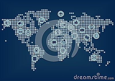Internet Of Things (IoT) Word And Icons With Globe And World Map Vector ...