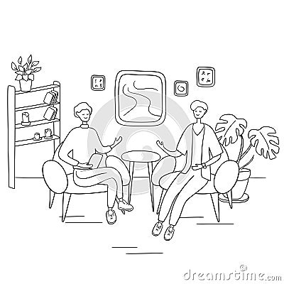 Interview Show. Interviewer Asks Young Man Questions. Two Men Sit On ...