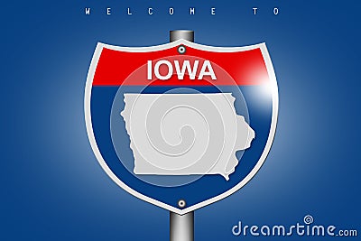 Iowa Map On Highway Road Sign Over Blue Background Royalty-Free Stock ...