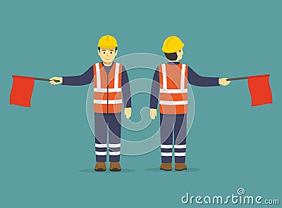 Isolated Construction Worker Holding Red Flag. Hand Signals Using Flag ...