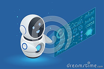 Isometric AI Robot Interacting With Digital Analytics Interface, Displaying KPIs, Data Insights ...