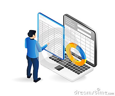 Isometric Flat 3d Illustration Concept Of Man Making Table With Excel ...