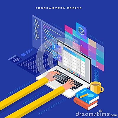 Isometric Flat Design Concept Programmer And Coding. Vector Illustration. Website Layout Design ...