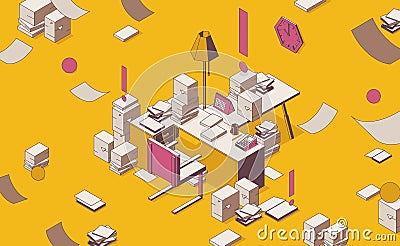 Isometric Full Color Outline Mess On The Table, Documents Lying Around ...