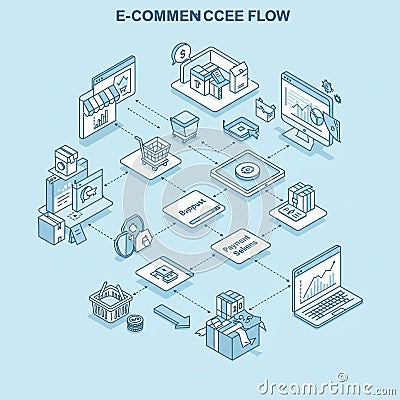 Isometric Illustration Depicts An E-commerce Flowchart Against A Light ...
