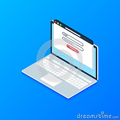 Isometric Laptop With Login And Password Form Page On Screen. Sign In ...