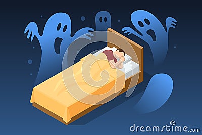 Isometric Sleeping Man Has Nightmares. Horrible Dream. Stress And Night ...
