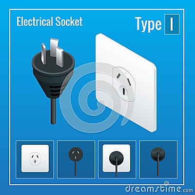 Isometric Switches And Sockets Set. Type I. AC Power Sockets Realistic ...