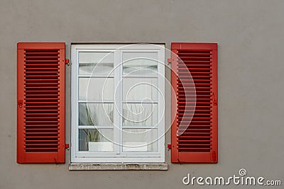 Italian Windows On The Grey Wall Facade With Open Red Color Classic ...