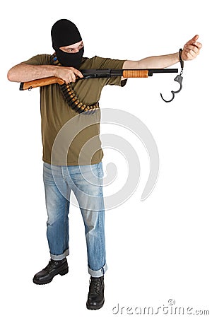 Jail Break Robber In Black Mask With Shotgun Removing Handcuffs Royalty ...