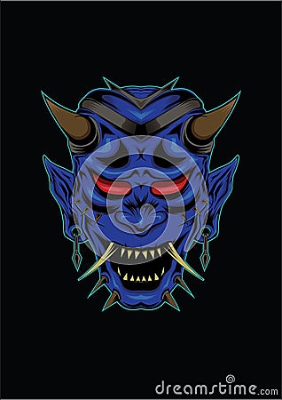 Japanese Mask Of Kabuki. Blue Devil Face Illustration.head Of Monster ...