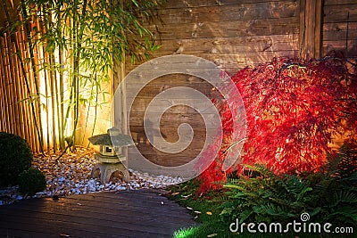 Japanese Zen Garden Lightened By Spot Lights At Night Stock Photo ...