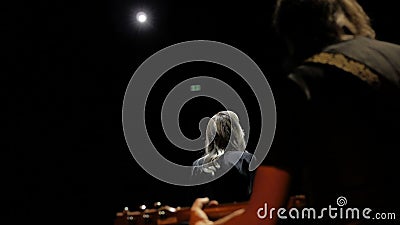 A Jazz Singer Performs on Stage. Back View. Singer and Guitarist on ...