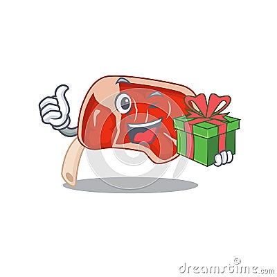 Joyful Prime Rib Cartoon Character With A Big Gift Box Vector ...