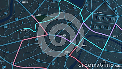 4K Animation Aerial View of Night Map with 3d Building and Destination ...