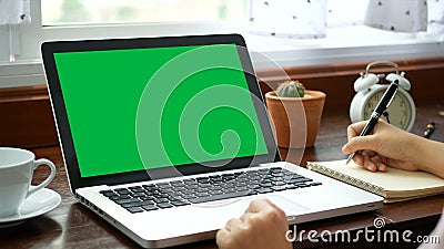 4K. Close-up Woman Working with Laptop Computer, Using Finger with ...