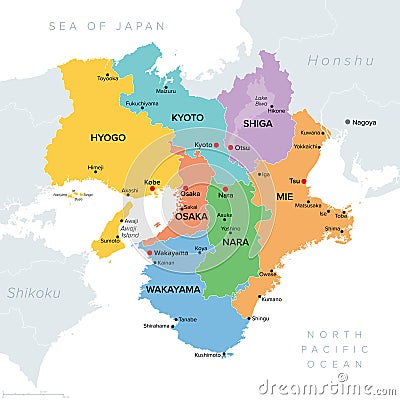 Kansai Region, Or Kinki Region In Japan, Colored Political Map Vector ...