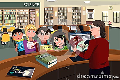 Kids Checking Out Books In The Library Stock Vector - Image: 48868634