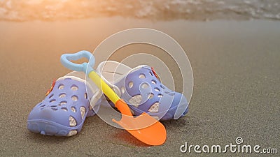 Kids Crocs on Wet Sandy Beach Over Sea Background Stock Video - Video ...