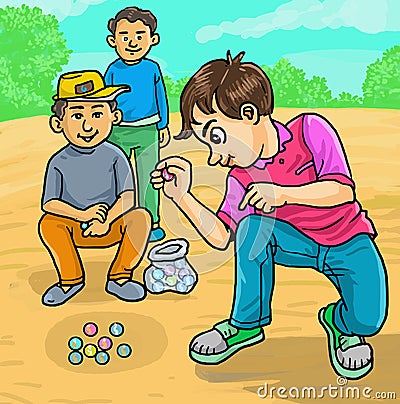 Kids Playing Marbles Games. Traditional Old Games. Cartoon Vector ...
