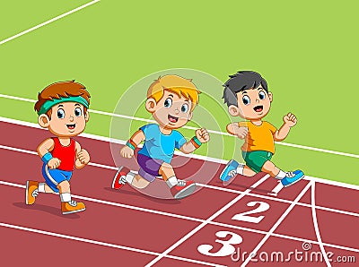 Kids Running On The Track Of Stadium Vector Illustration ...