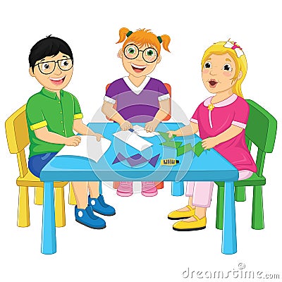 Kids Working On Table Vector Illustration Stock Vector - Image: 42786921