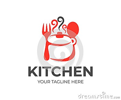 Kitchen, Kitchenware, Saucepan, Fork And Spoon Logo Design. Cooking Eat ...