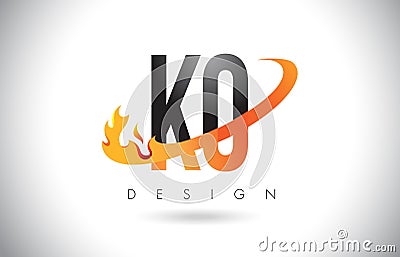 KO K O Letter Logo With Fire Flames Design And Orange Swoosh. Cartoon ...