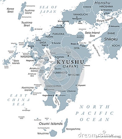 Kyushu Island In Japan, Gray Political Map With Prefectures Cartoon ...