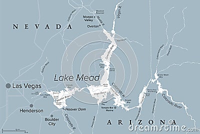 Lake Mead Map, Largest U.S. Reservoir Formed By Hoover Dam, Gray ...