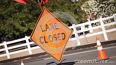Lane Closed Sign with Orange Flags and Cones on Road Stock Footage ...