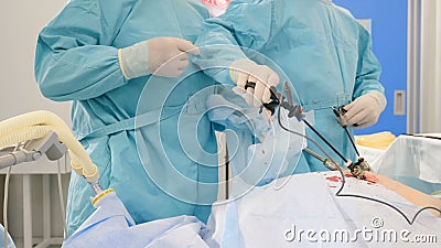 Laparoscopic Instruments in Action during Abdomen Surgery. Close-up ...