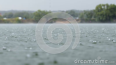 Large Drops of Rain Fall in Lake during a Rainstorm. Water Drops. Close ...