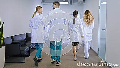 In a Large Hospital Corridor Walking Group of Doctors and Nurses and ...