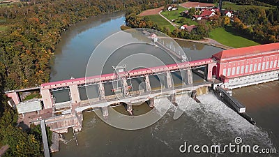 Large River Dam. Powerful Water Stream Rushing through Opened Gates at ...