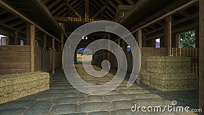Large Rustic Stable Interior With Stone Floor And Wooden Stalls For ...