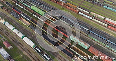 Large Train Depot Top View. Many Freight Color Trains in the Railway ...