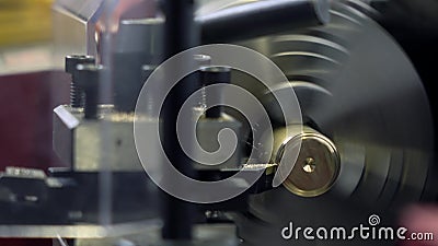 Lathe Machine in Action. Machining Brass Piece 4K Close Up Shot Stock ...
