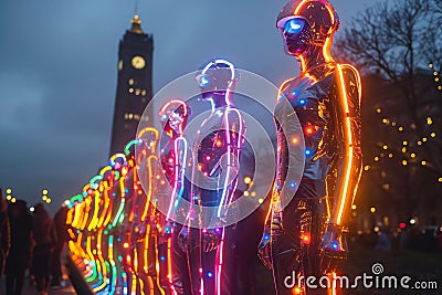LED Figures In Nighttime Procession Framed By Landmark Tower And ...