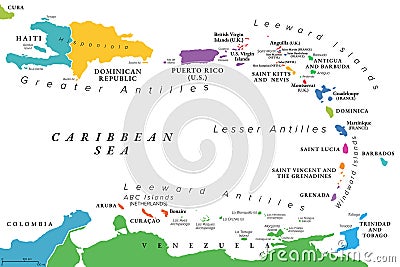 Lesser Antilles Of The Caribbean, Multicolored Political Map Cartoon ...