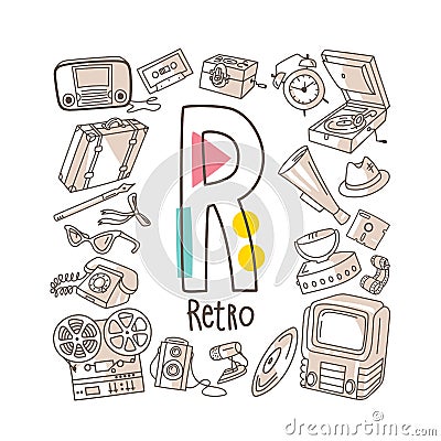 Letter R - Retro, Cute Alphabet Series In Doodle Style Vector ...