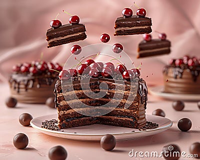 Levitating Chocolate Layer Cake With Cherries On Elegant Plate Against ...