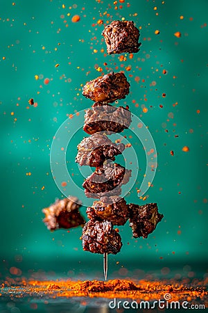 Levitating Spicy Barbecued Meat Chunks With Vibrant Orange Powder ...