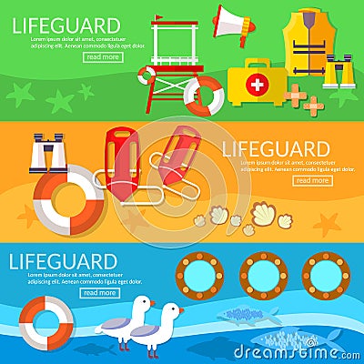 Lifeguards Banners Professional Lifeguard On The Beach Vector ...
