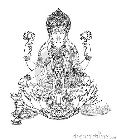 Line Art Of Godess Lakshmi Devi On Isolated Background Stock Photo ...