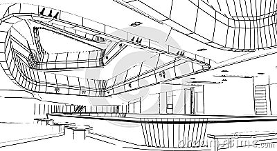 Line Drawings Of Halls Of Shopping Mall Buildings In Abstract Style,3d ...
