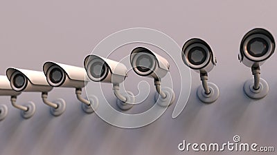 Line of Surveillance Cameras on the Wall. Public Safety Related ...