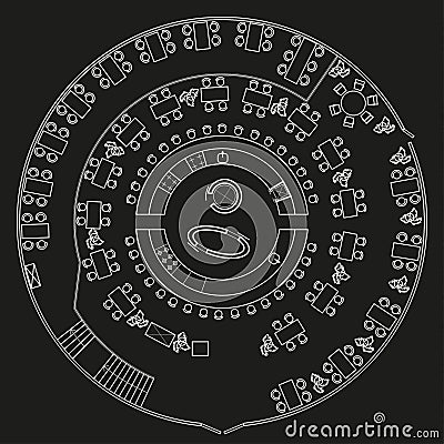 Linear Sketch Round Restaurant With Open Kithen Plan On Black ...